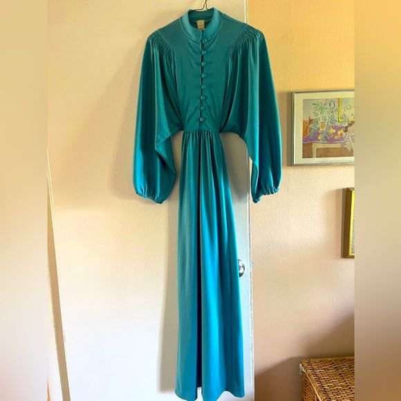 Dresses | Vintage Turquoise Long Dress With High Neck | Poshmark
